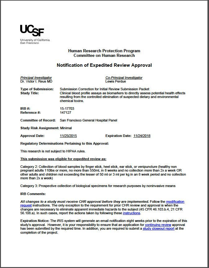 UCSF- IRB/CHR Approval letter | Stealth Syndromes Human Study